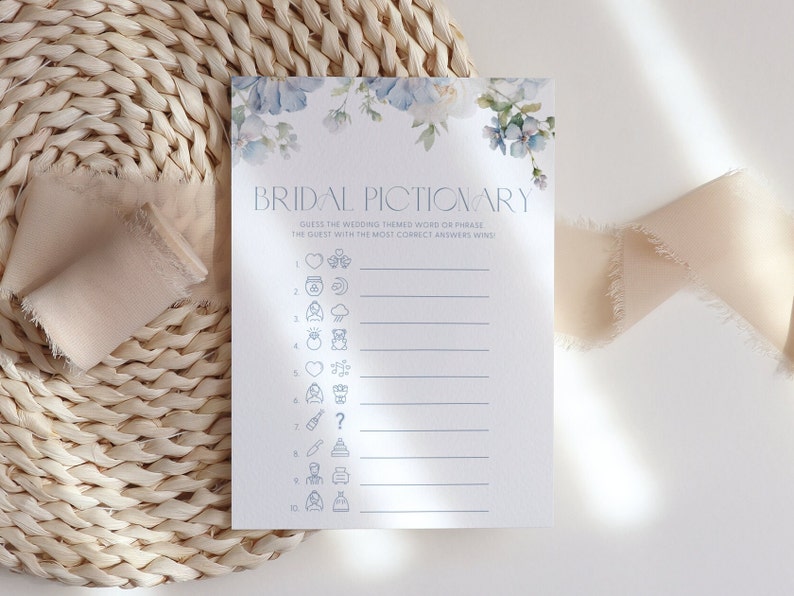 Dusty Blue Floral Bridal Pictionary Game Bridal Shower Pictionary Game ...