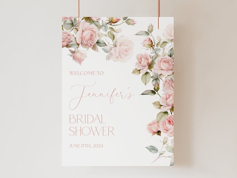Pink Rose Bridal Shower Welcome Sign Template Editable Blush Bridal ...