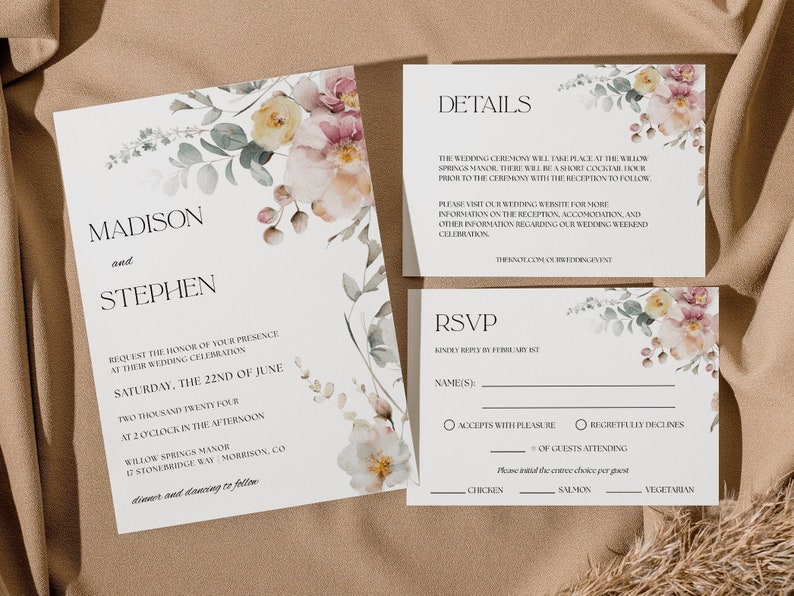 Watercolor Pastel Floral Wedding Invitation Suite Template Editable ...