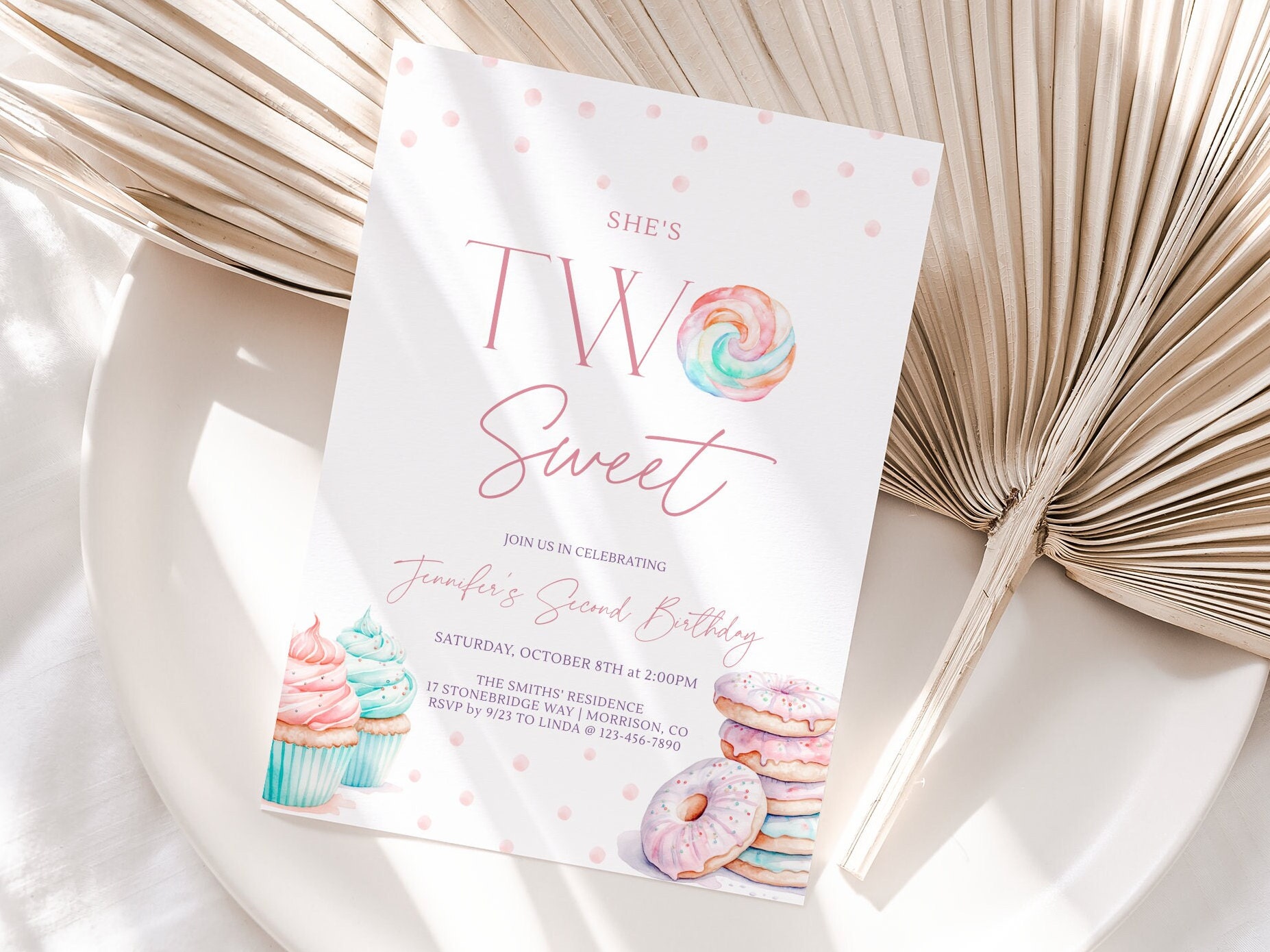 Two Sweet Birthday Party Invitation 2nd Bday Invitation Girl Pink Two ...