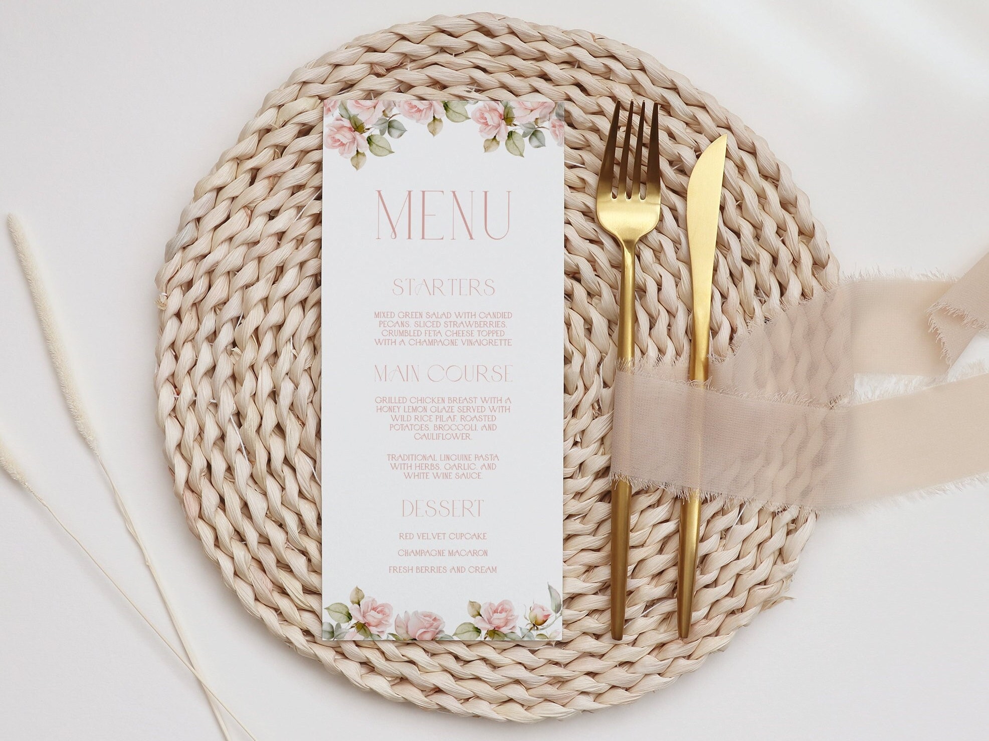 Dusty Pink Rose Menu Template Bridal Brunch Menu Editable Pink Rose ...