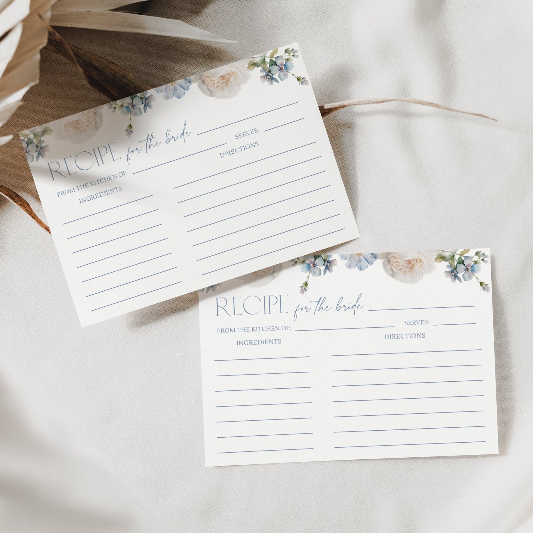 Dusty Blue Floral Recipe Card Bridal Shower Dusty Blue Recipe Card Blue ...