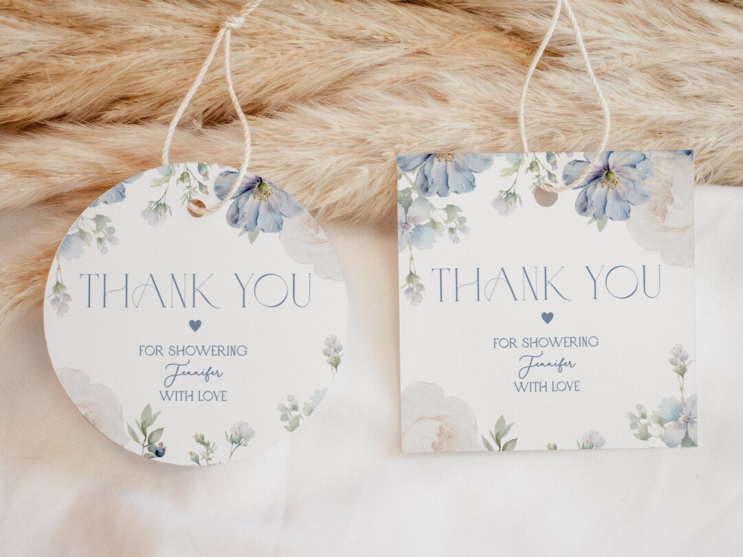 Dusty Blue Floral Party Favor Tag Square Bridal Shower Party Favor Tag ...