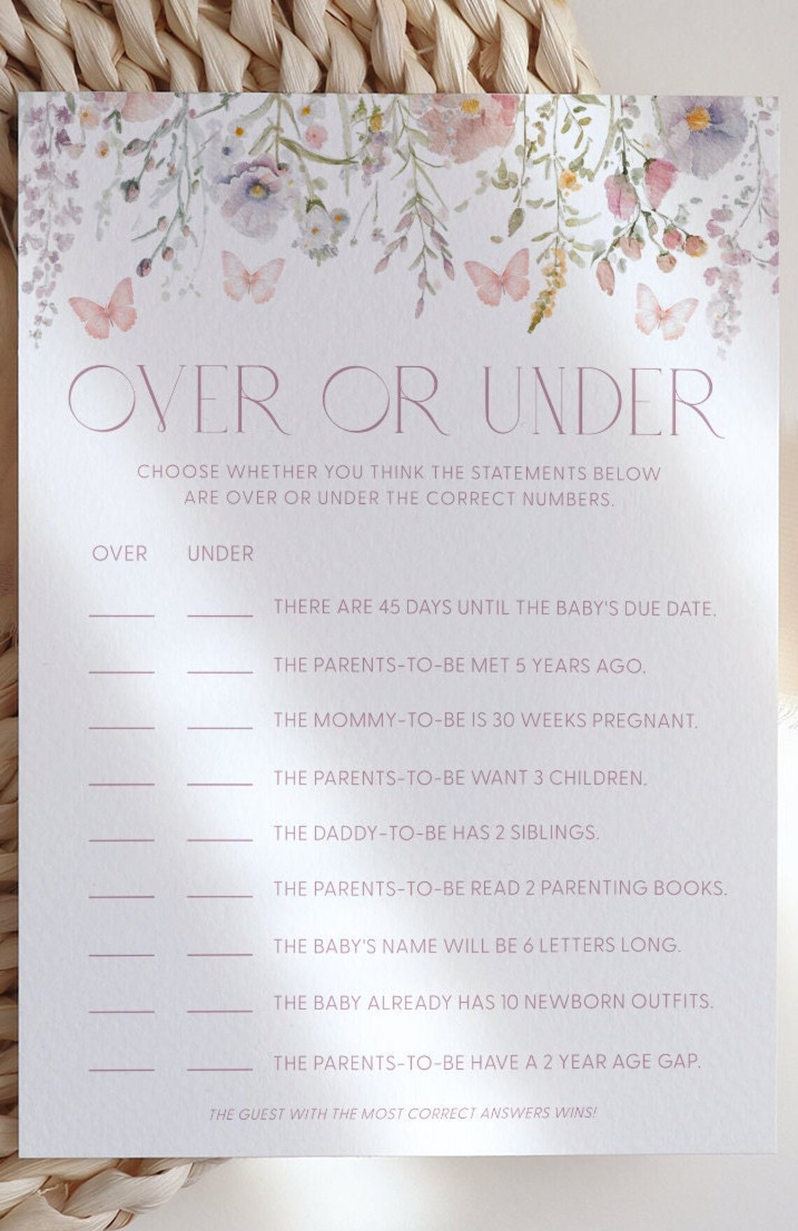 Butterfly Over or Under Game Baby Shower Game Butterfly Over or Under ...