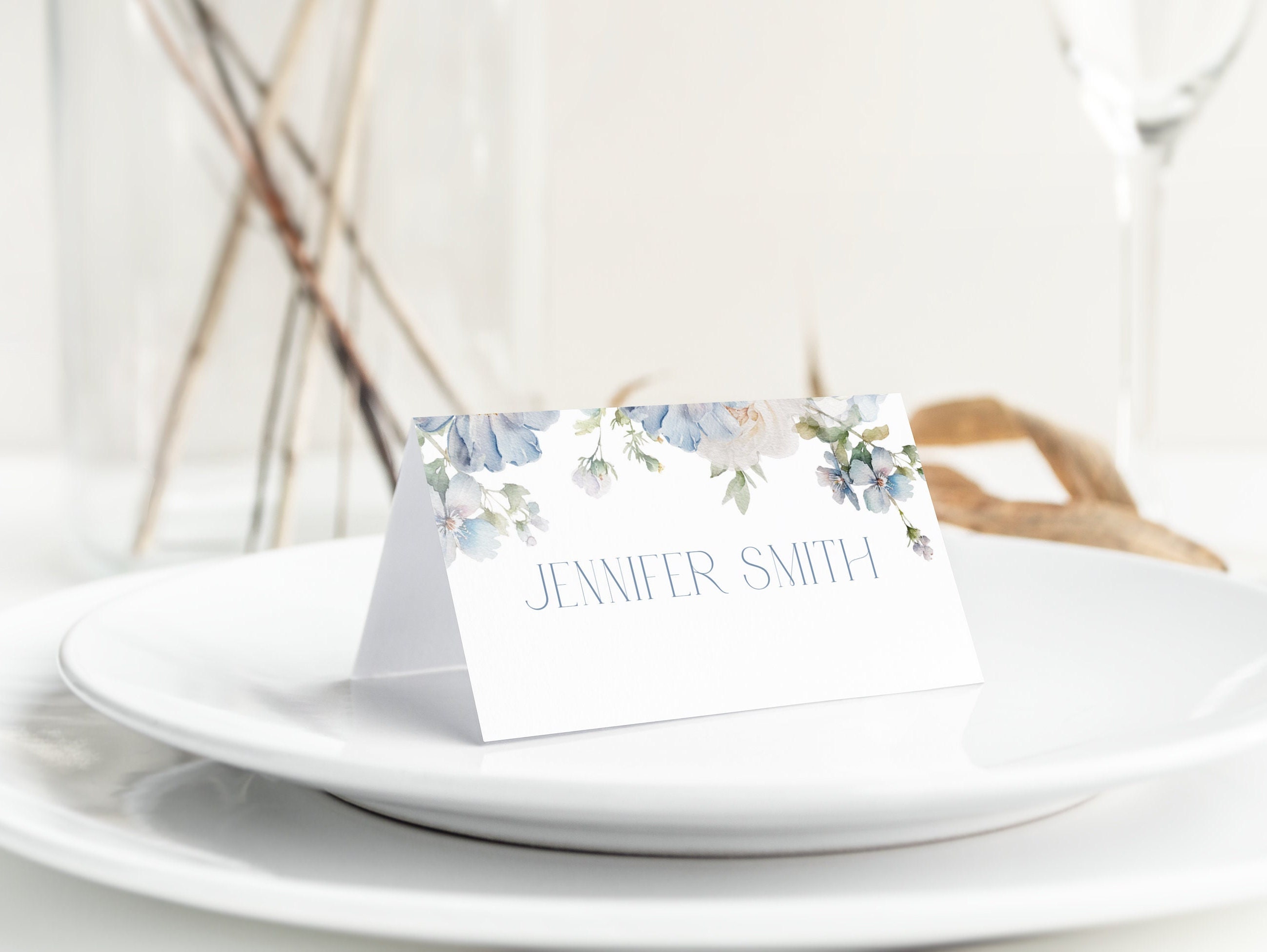 Dusty Blue Floral Place Card Template Dusty Blue Place Card Floral ...