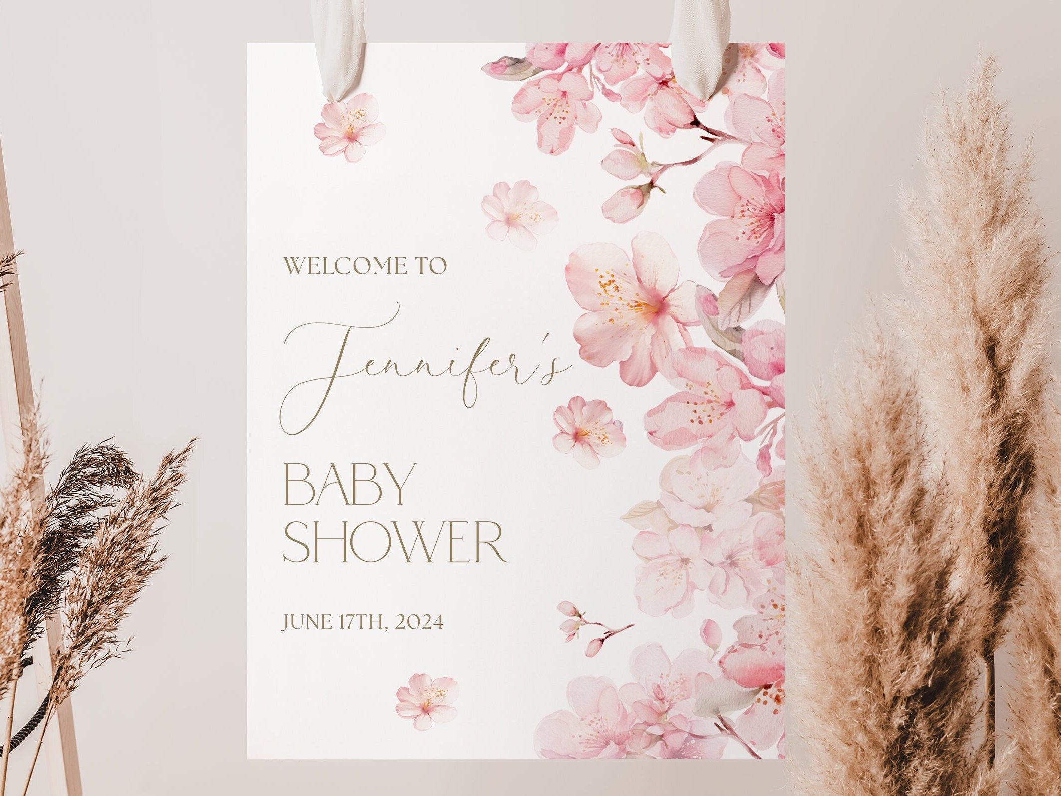 Cherry Blossom Baby Shower Welcome Sign Template Pink Blush Baby Shower Welcome Sign Cherry ...