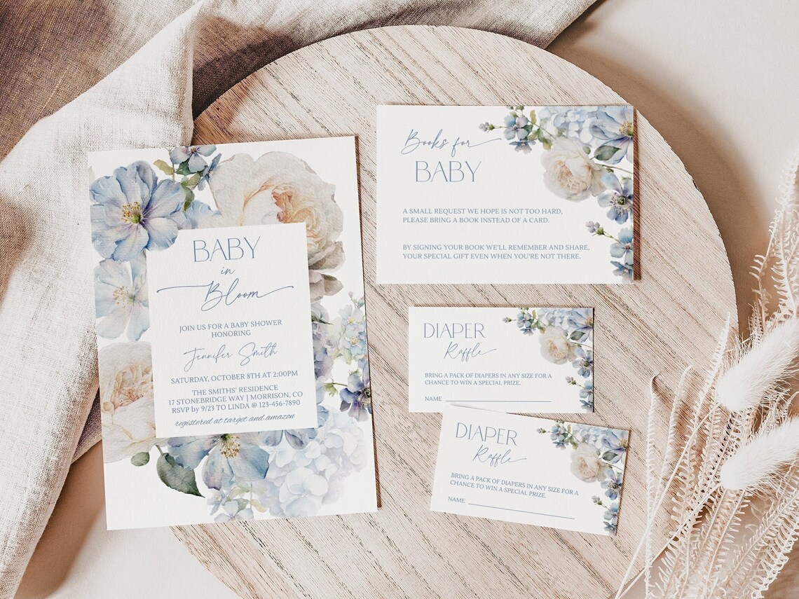 Dusty Blue Baby in Bloom Baby Shower Invitation Set Template Baby in ...