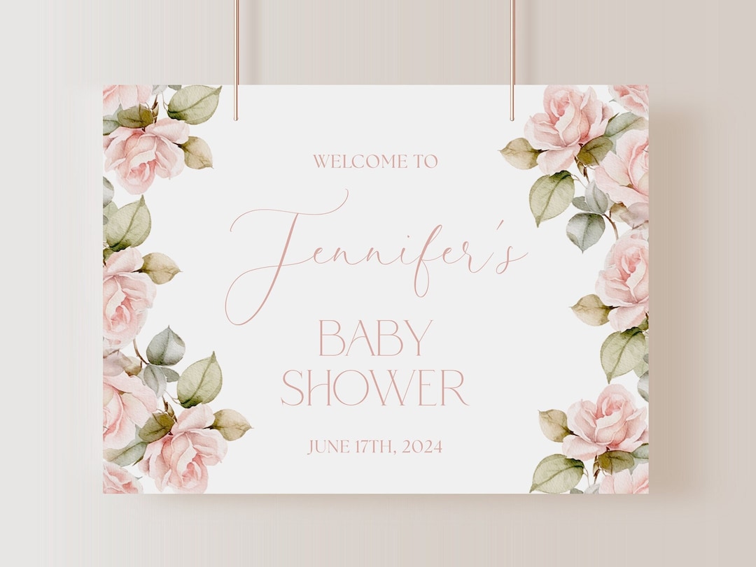 Dusty Pink Rose Baby Shower Welcome Sign Horizontal Baby Shower Welcome ...