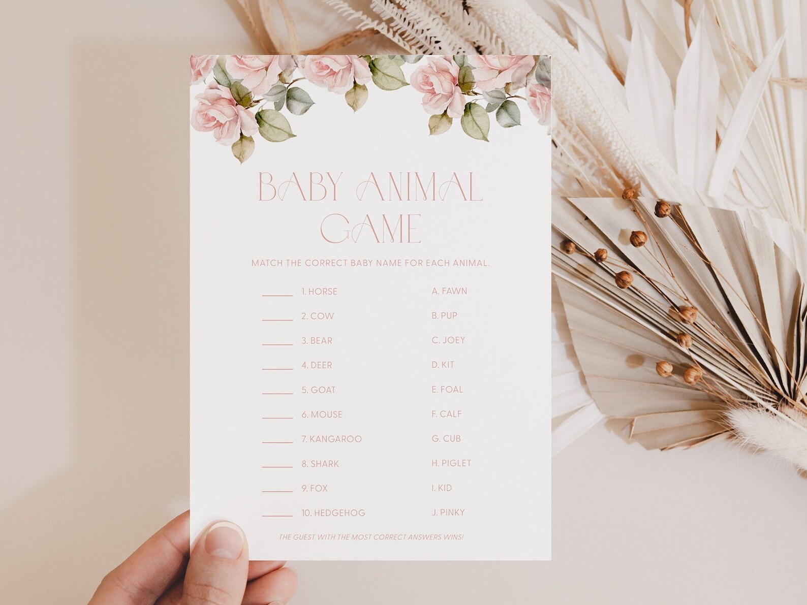 Dusty Pink Rose Baby Animal Baby Shower Game Baby Animal Game Printable ...