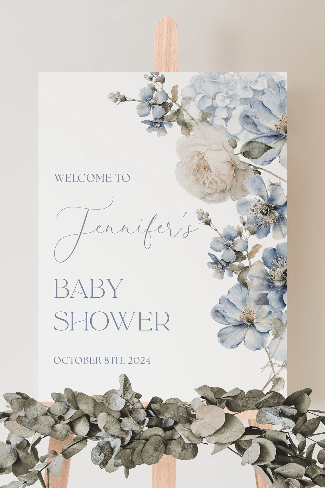 Dusty Blue Floral Baby Shower Welcome Sign Editable Template Light Blue ...