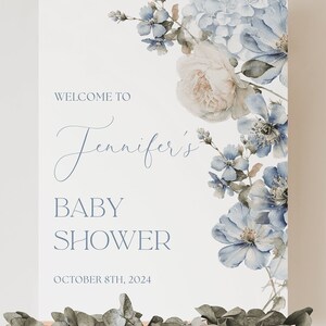 Dusty Blue Floral Baby Shower Welcome Sign Editable Template Light Blue ...