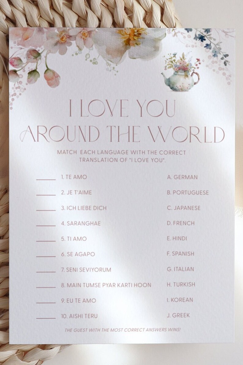 Floral Tea Party I Love You Around the World Bridal Tea Party Game I ...