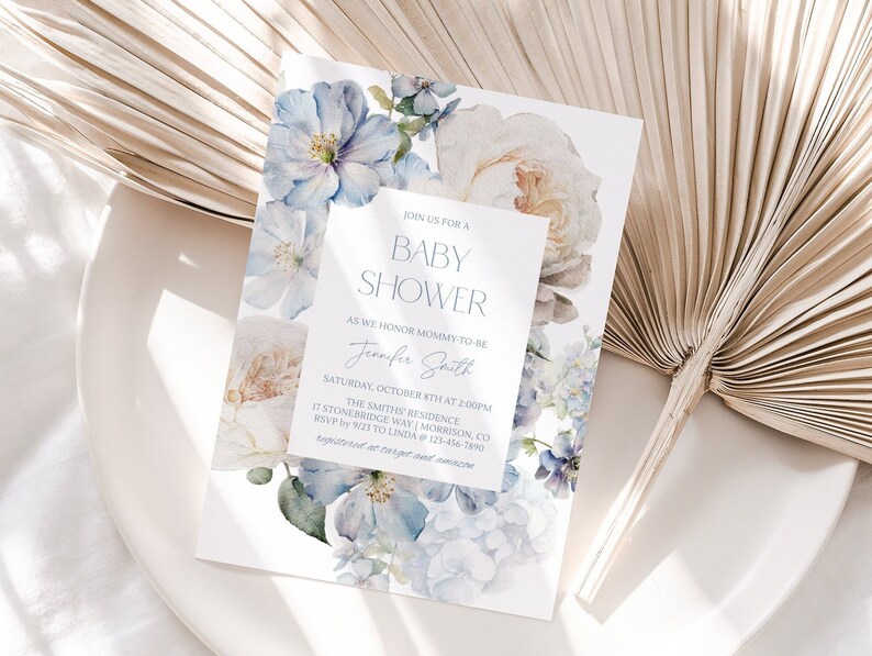Dusty Blue Baby in Bloom Baby Shower Invitation Set Template Baby in ...