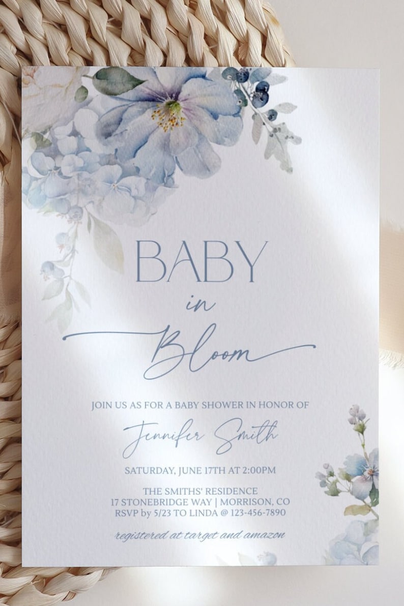 Dusty Blue Baby in Bloom Baby Shower Invitation Template for - Etsy
