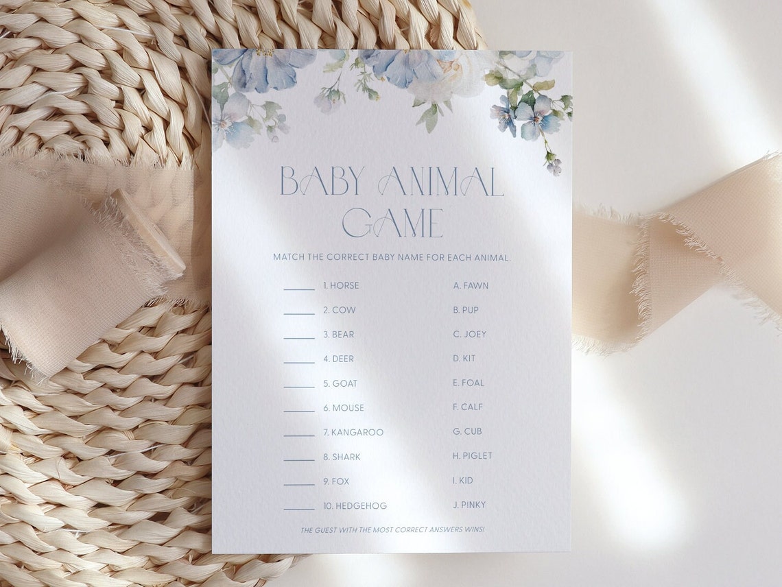 Dusty Blue Floral Baby Animal Baby Shower Game Baby Animal Game ...