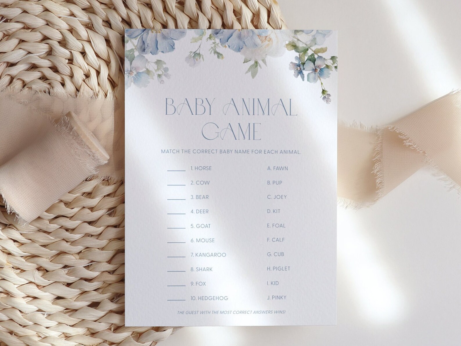 Dusty Blue Floral Baby Animal Baby Shower Game Baby Animal Game ...