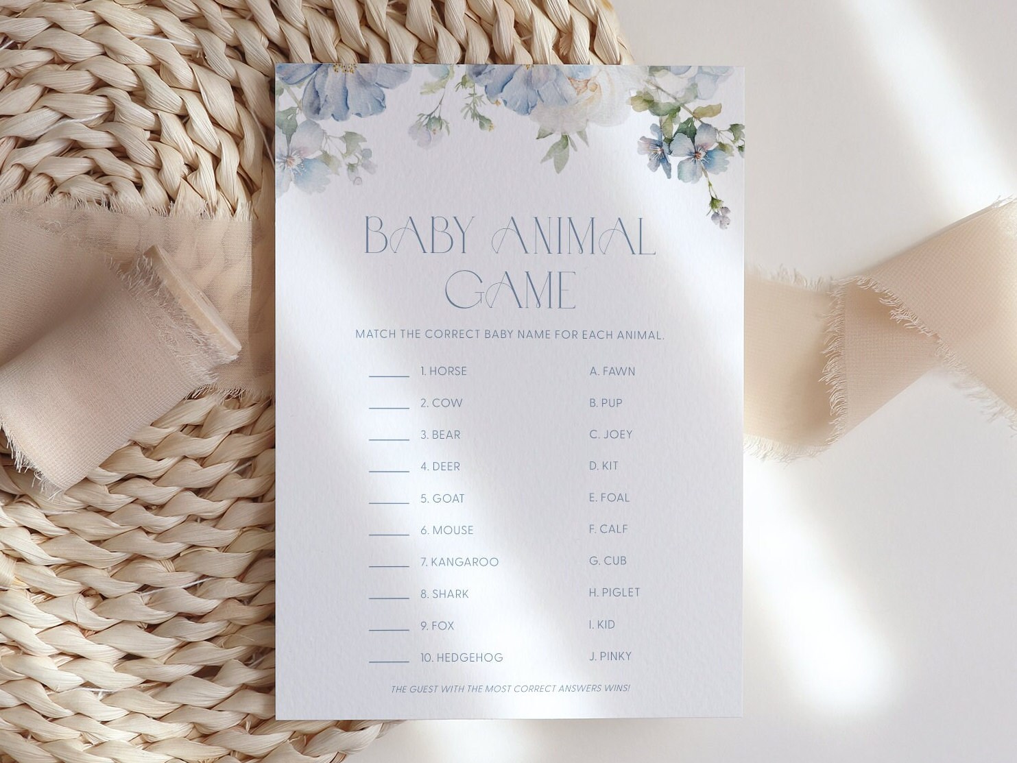 Dusty Blue Floral Baby Animal Baby Shower Game Baby Animal Game ...