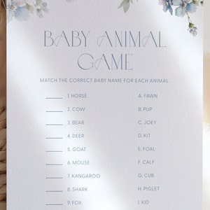 Dusty Blue Floral Baby Animal Baby Shower Game Baby Animal Game ...