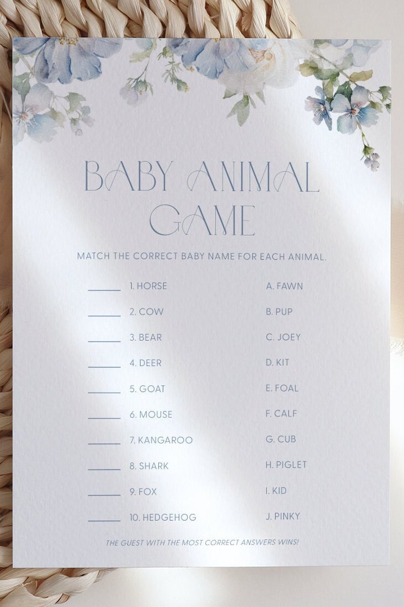 Dusty Blue Floral Baby Animal Baby Shower Game Baby Animal Game ...
