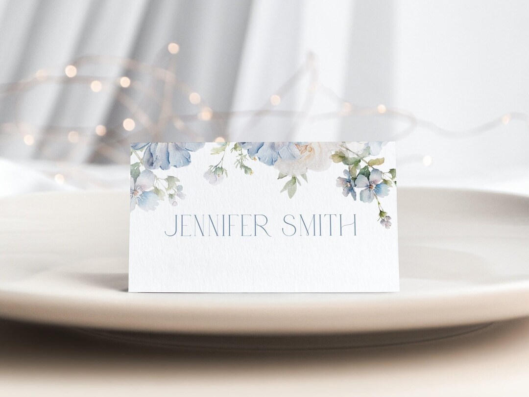 Dusty Blue Floral Place Card Template Dusty Blue Place Card Floral ...
