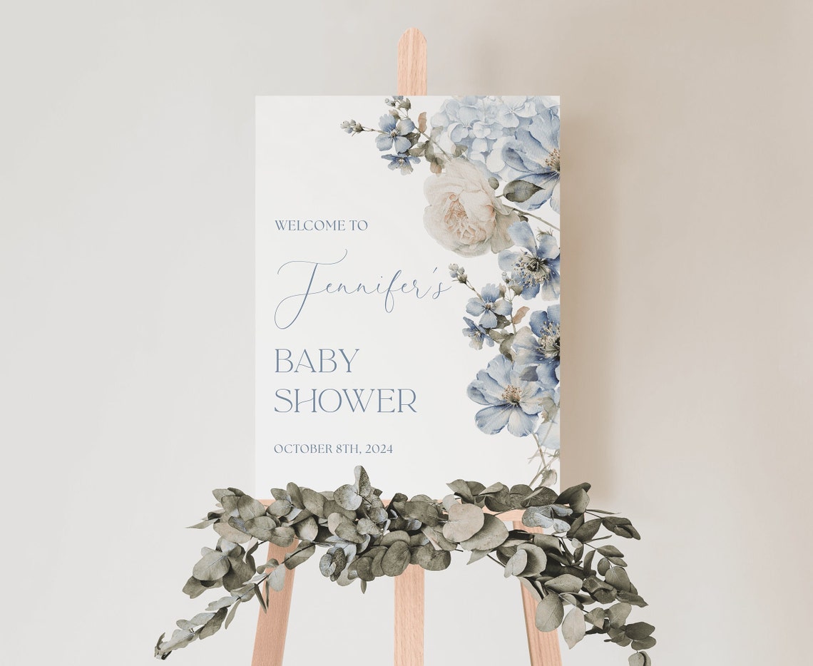 Dusty Blue Floral Baby Shower Welcome Sign Editable Template Light Blue ...