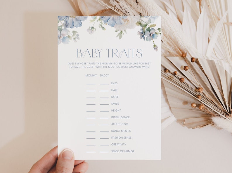 Dusty Blue Floral Baby Traits Baby Shower Game Blue Baby Traits Baby ...