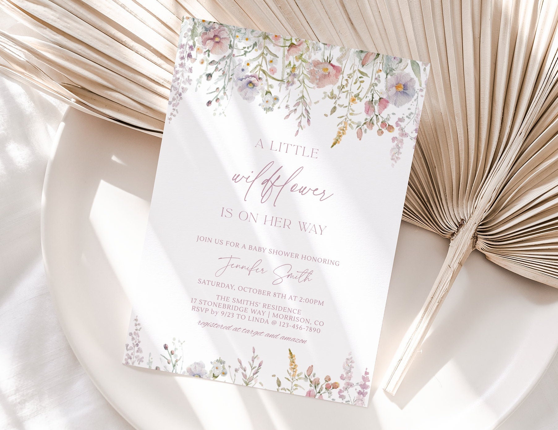 Wildflower Baby Shower Invitation Pink Wildflower Baby Shower Invite ...