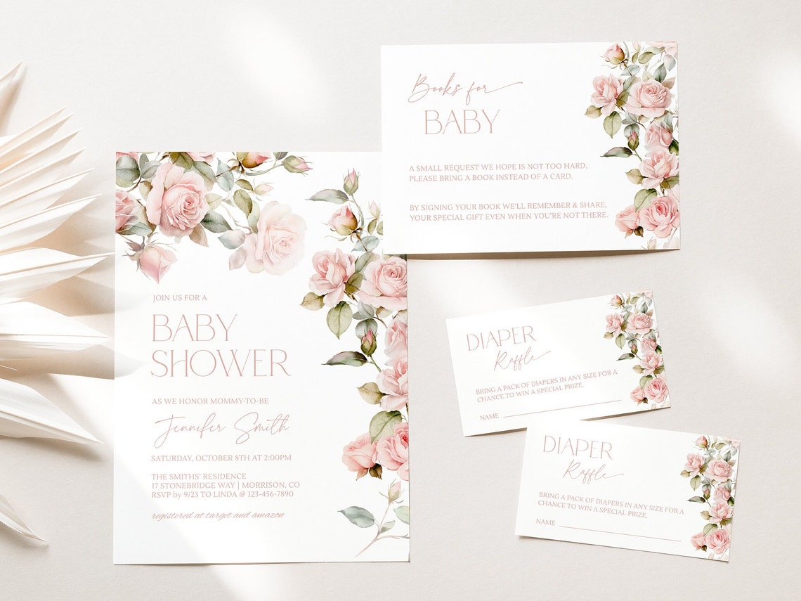 Dusty Pink Rose Baby Shower Invitation Set Template Baby Shower ...