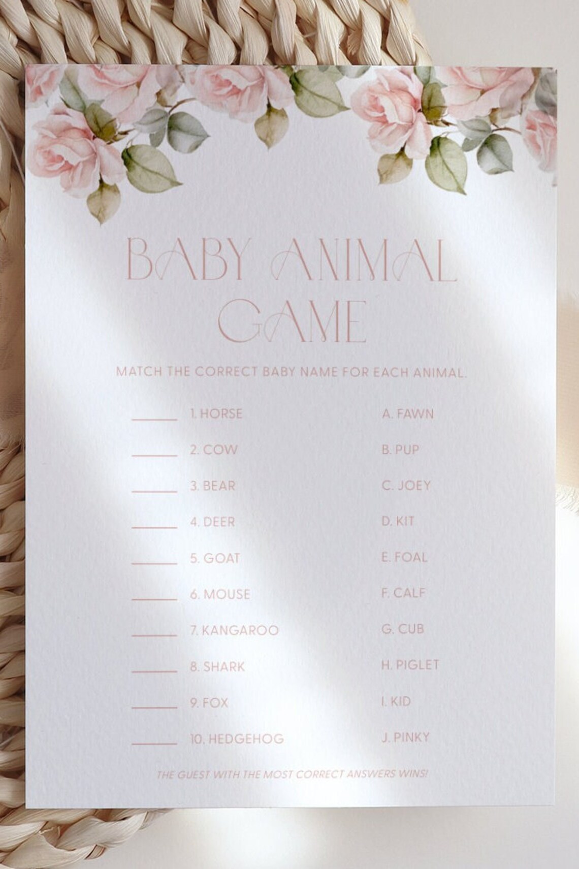 Dusty Pink Rose Baby Animal Baby Shower Game Baby Animal Game Printable ...