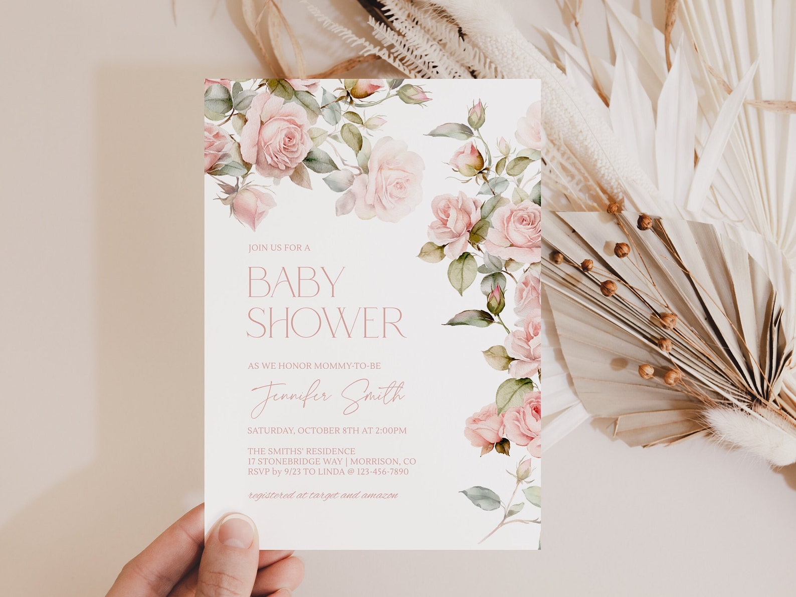 Pink Rose Baby Shower Invitation Template Pink Floral Baby Shower ...