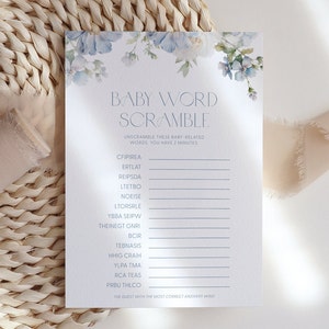 Dusty Blue Floral Baby Word Scramble Baby Shower Game Blue Baby Word ...