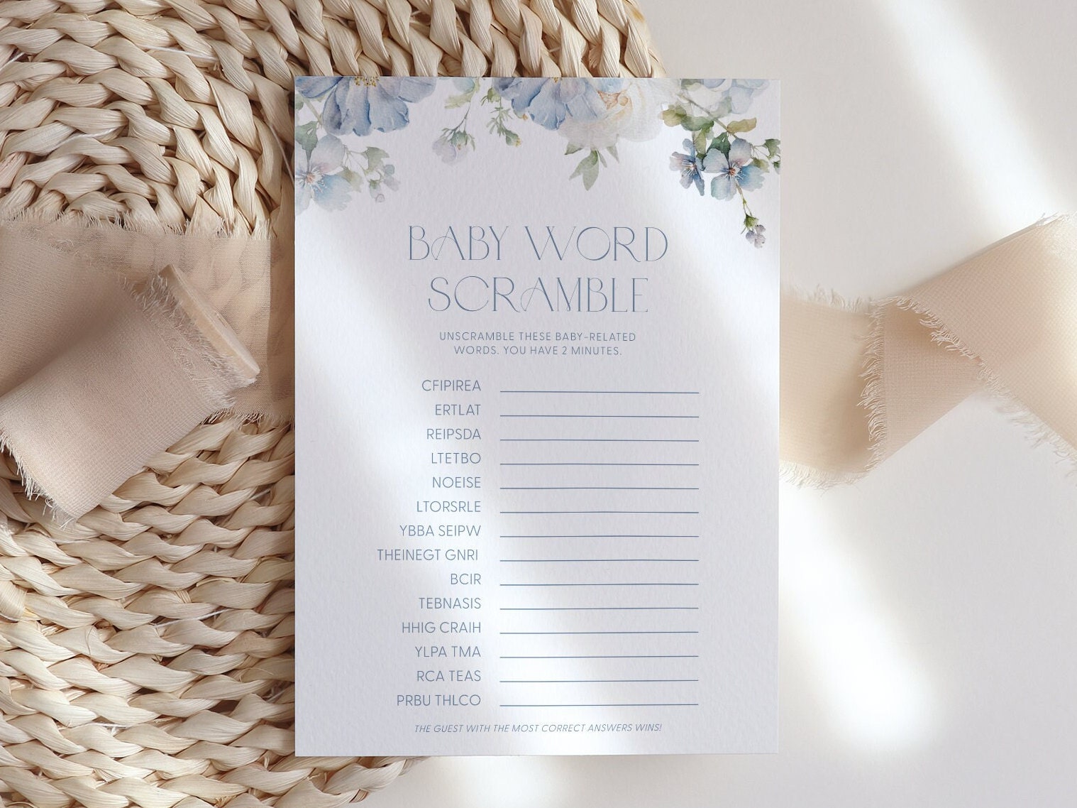 Dusty Blue Floral Baby Word Scramble Baby Shower Game Blue Baby Word ...