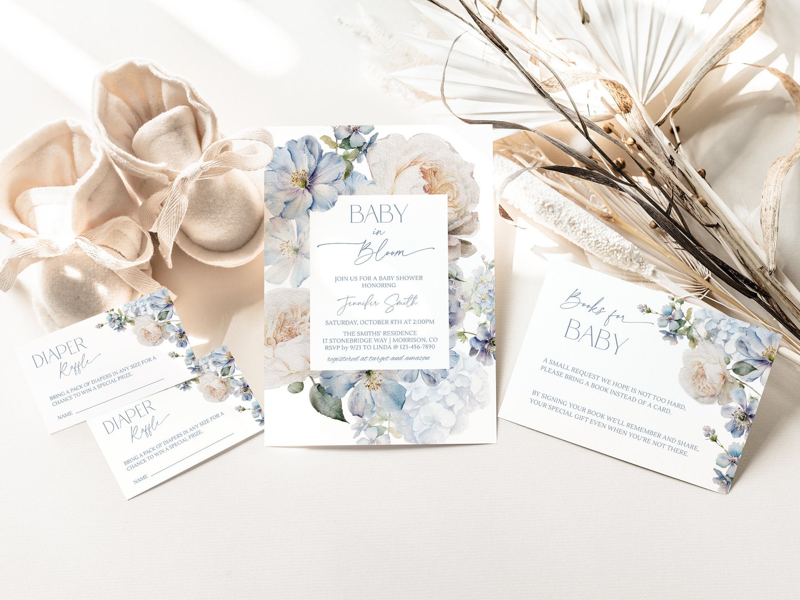Dusty Blue Baby in Bloom Baby Shower Invitation Set Template Baby in ...