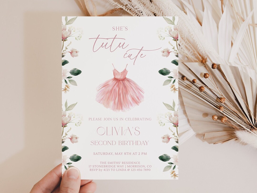 Pink Tutu Cute Bday Invitation Girl 2nd Bday Invite Ballerina Bday ...