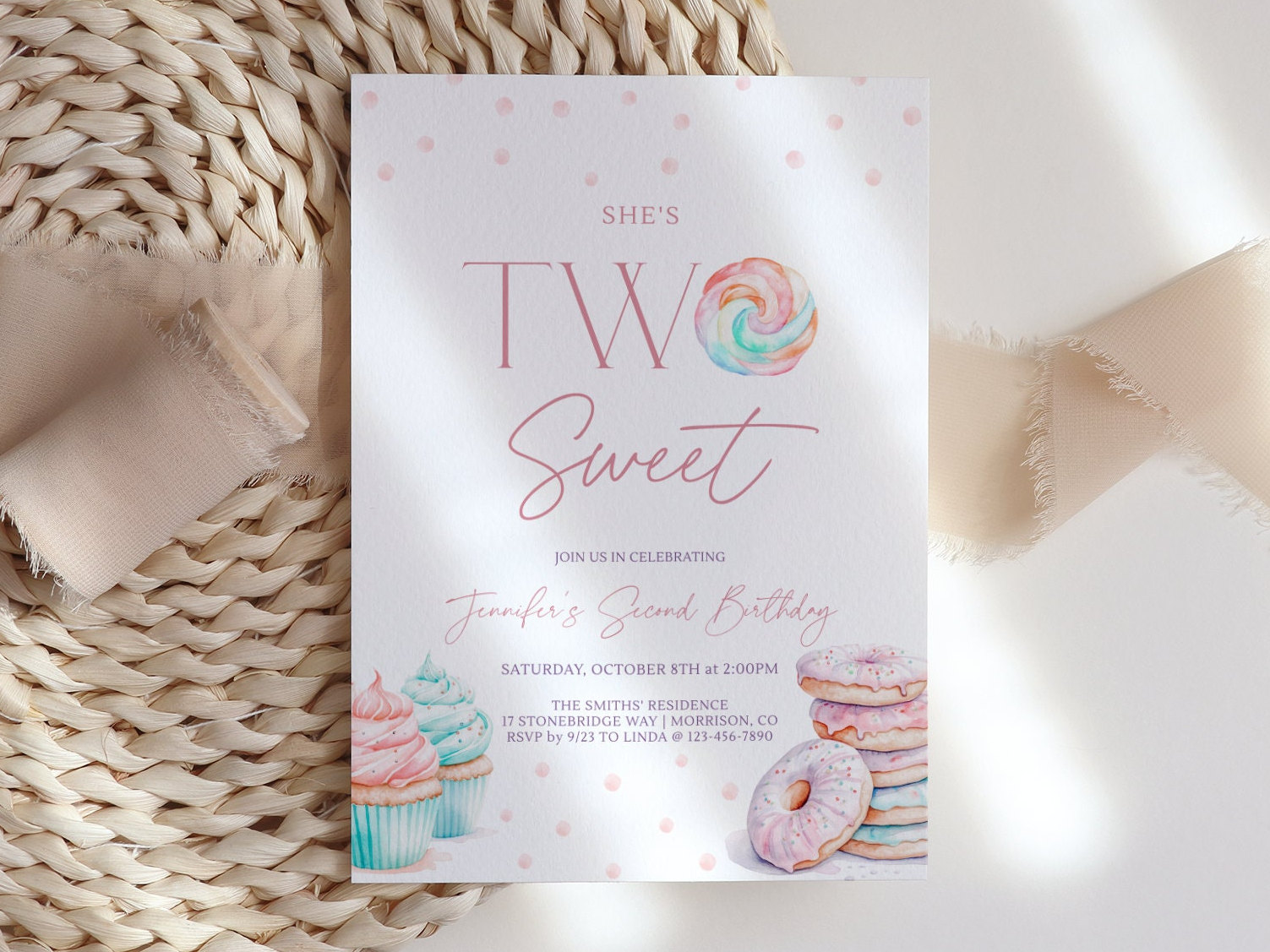 Two Sweet Birthday Party Invitation 2nd Bday Invitation Girl Pink Two ...