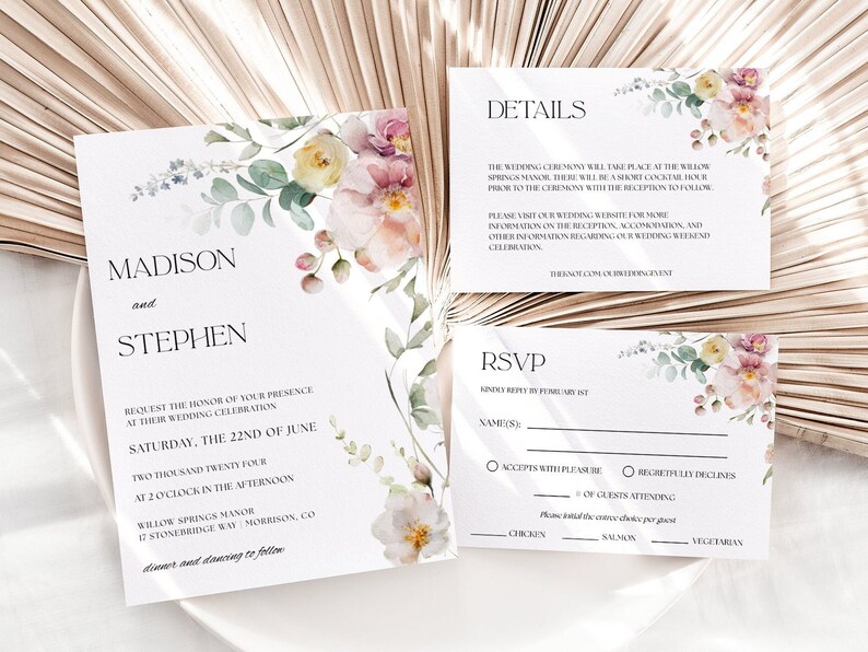 Watercolor Pastel Floral Wedding Invitation Suite Template Editable ...