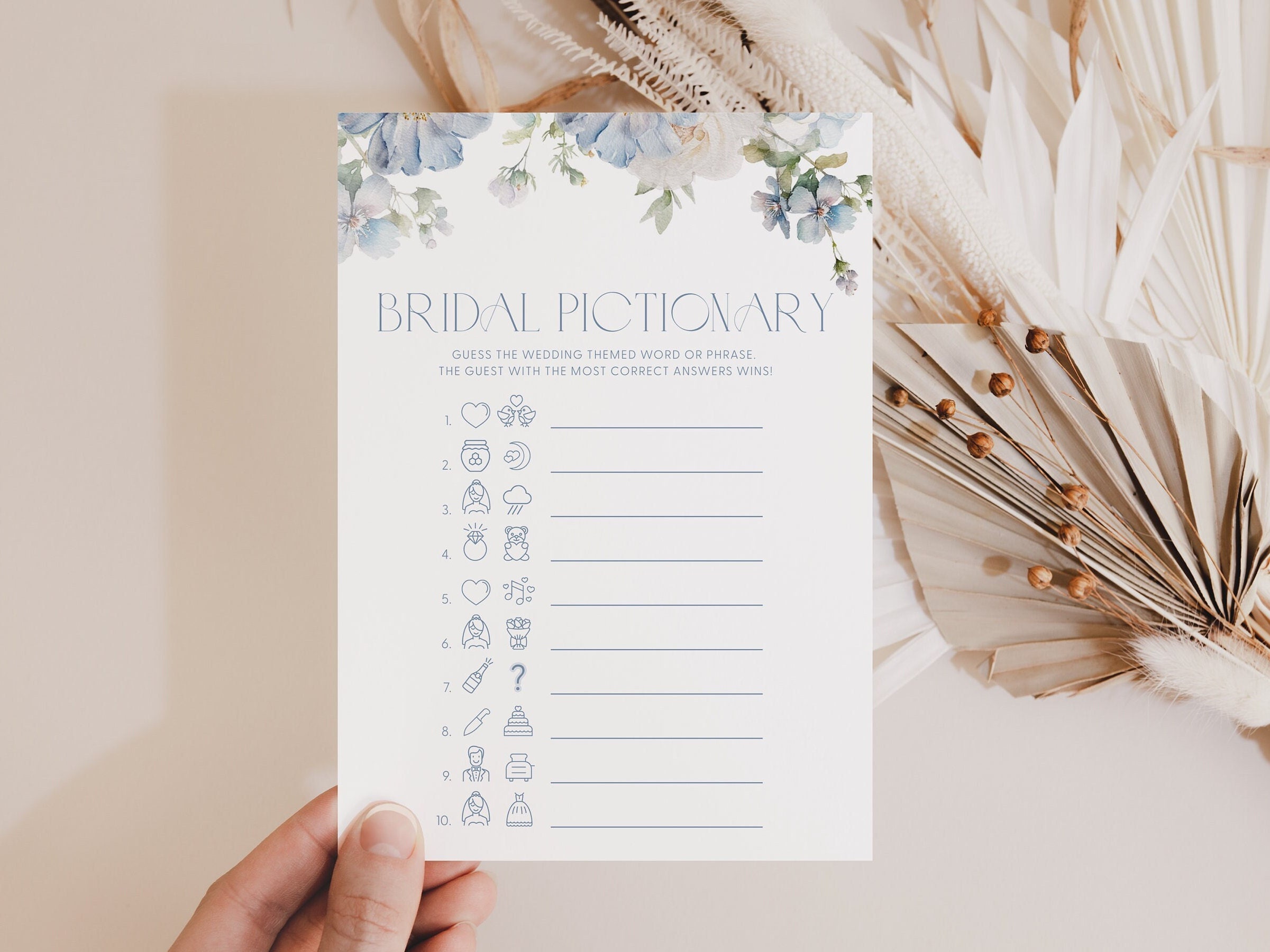 Dusty Blue Floral Bridal Pictionary Game Bridal Shower Pictionary Game ...