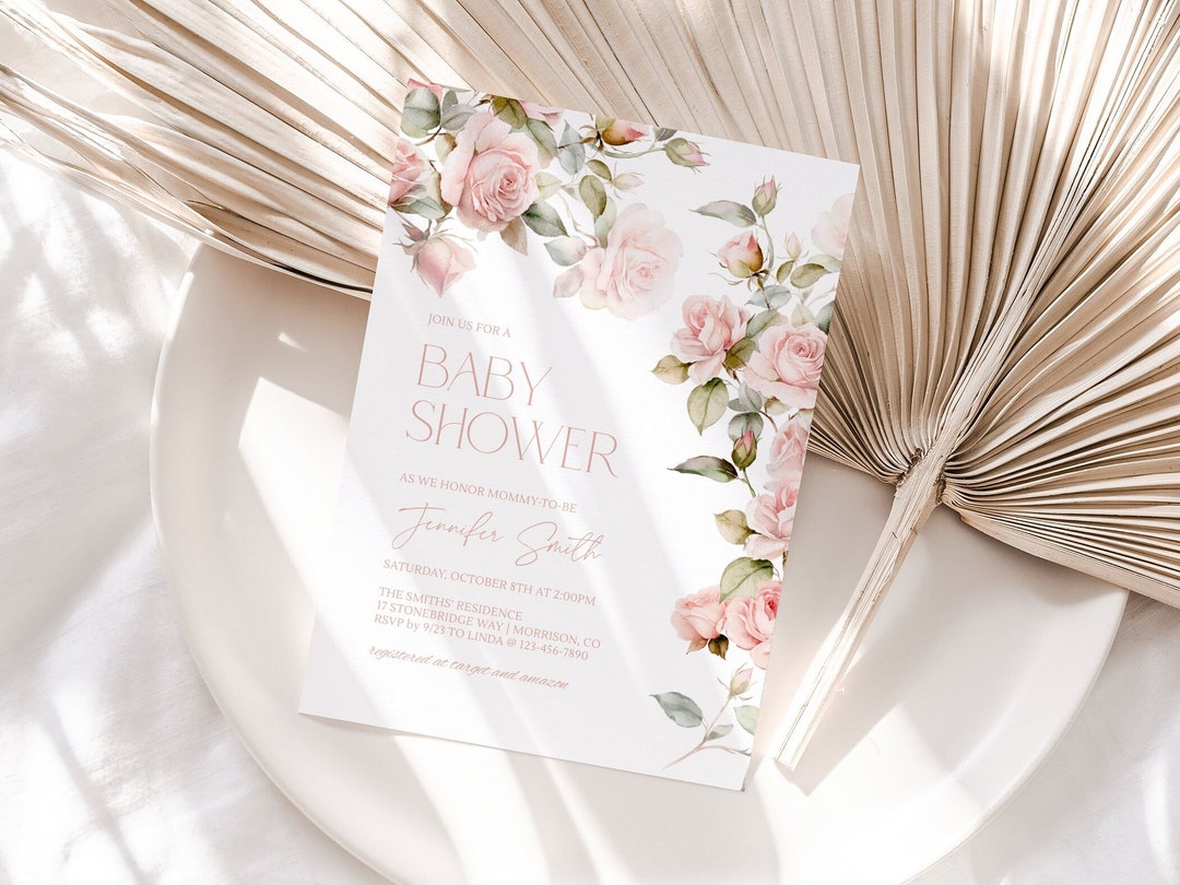 Pink Rose Baby Shower Invitation Template Pink Floral Baby Shower ...