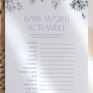 Dusty Blue Floral Baby Word Scramble Baby Shower Game Blue Baby Word ...