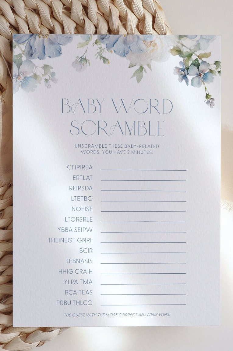 Dusty Blue Floral Baby Word Scramble Baby Shower Game Blue Baby Word ...
