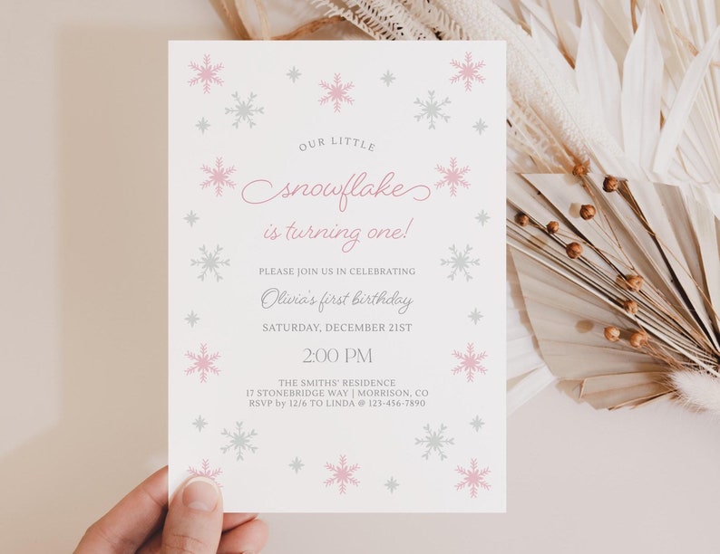 Pink Snowflake Birthday Invitation Snowflake First Birthday Invitation ...