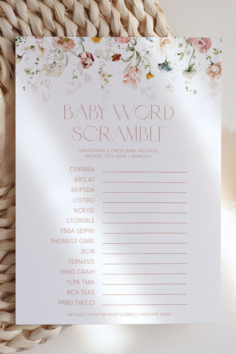 Chic Floral Baby Word Scramble Baby Shower Game Printable Baby Word ...