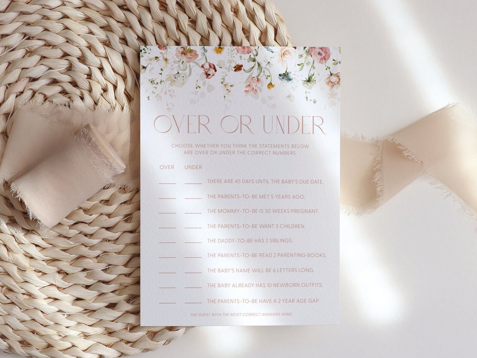 Chic Floral Over or Under Baby Shower Game Card Template Over or Under ...
