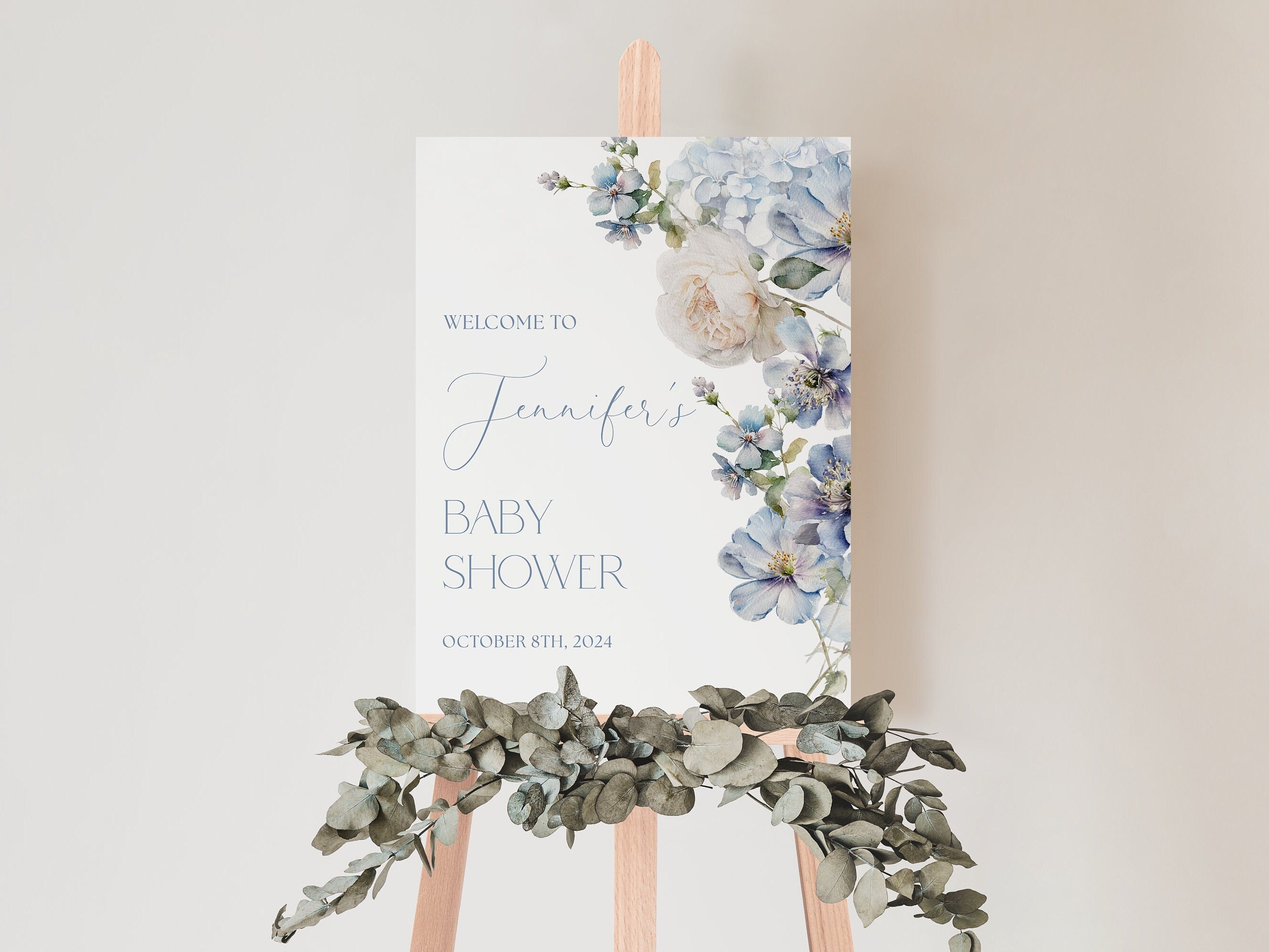 Dusty Blue Baby Shower Welcome Sign Editable Template Dusty Blue Floral ...
