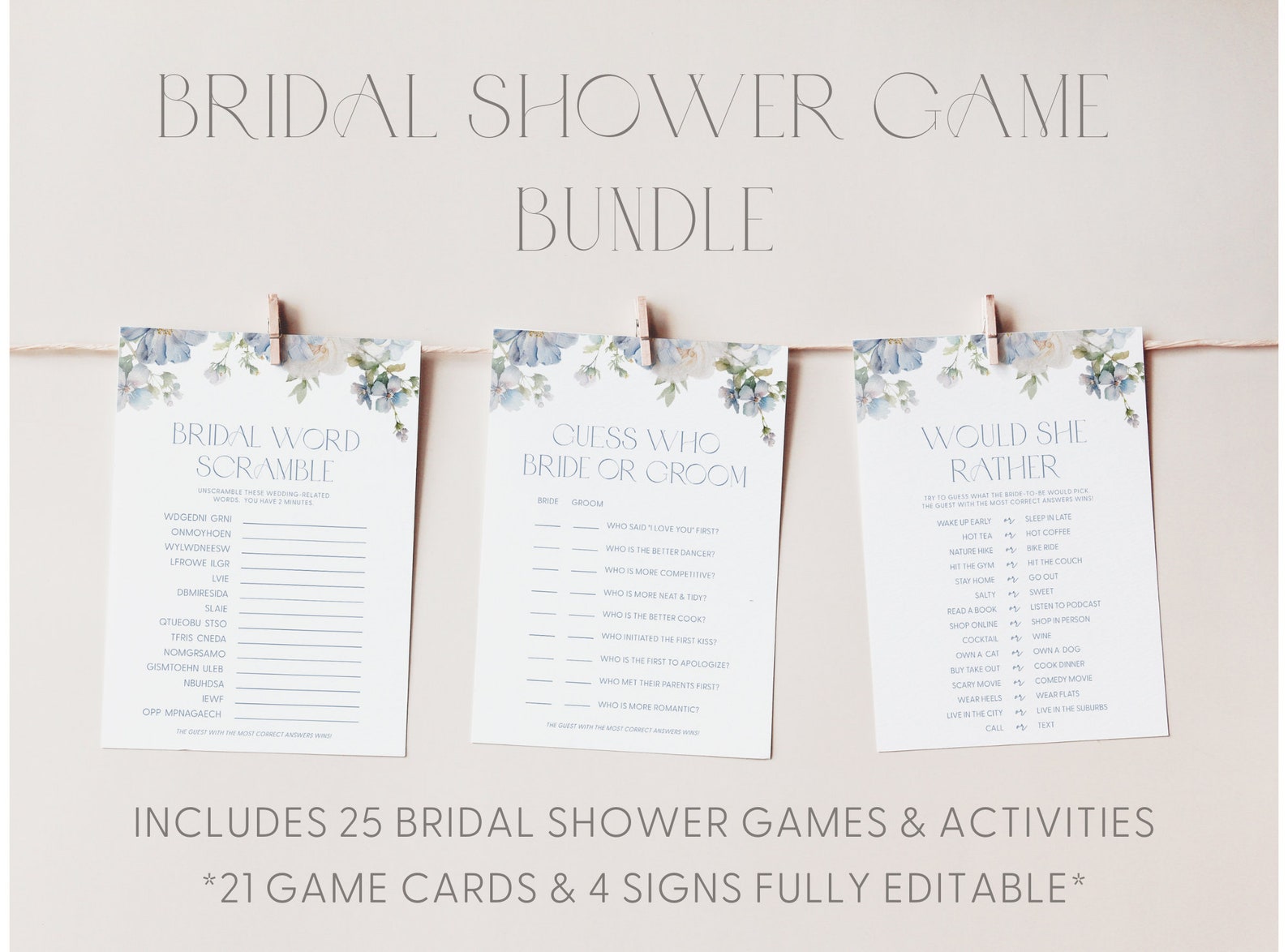 Dusty Blue Floral Bridal Shower Game Bundle Something Blue Etsy