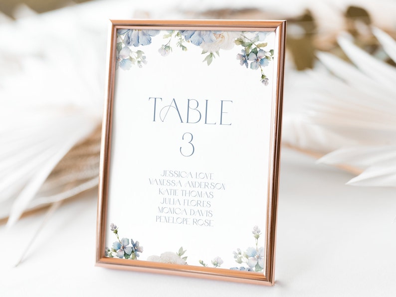 Dusty Blue Floral Table Numbers Sign Template Dusty Blue Table Numbers ...