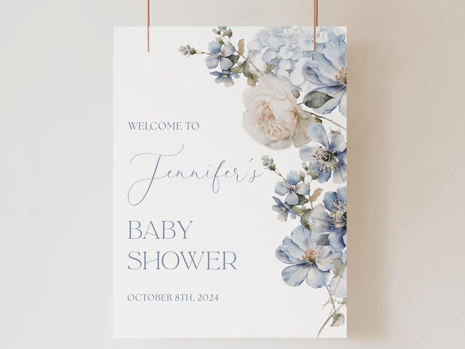 Dusty Blue Floral Baby Shower Welcome Sign Editable Template Light Blue ...