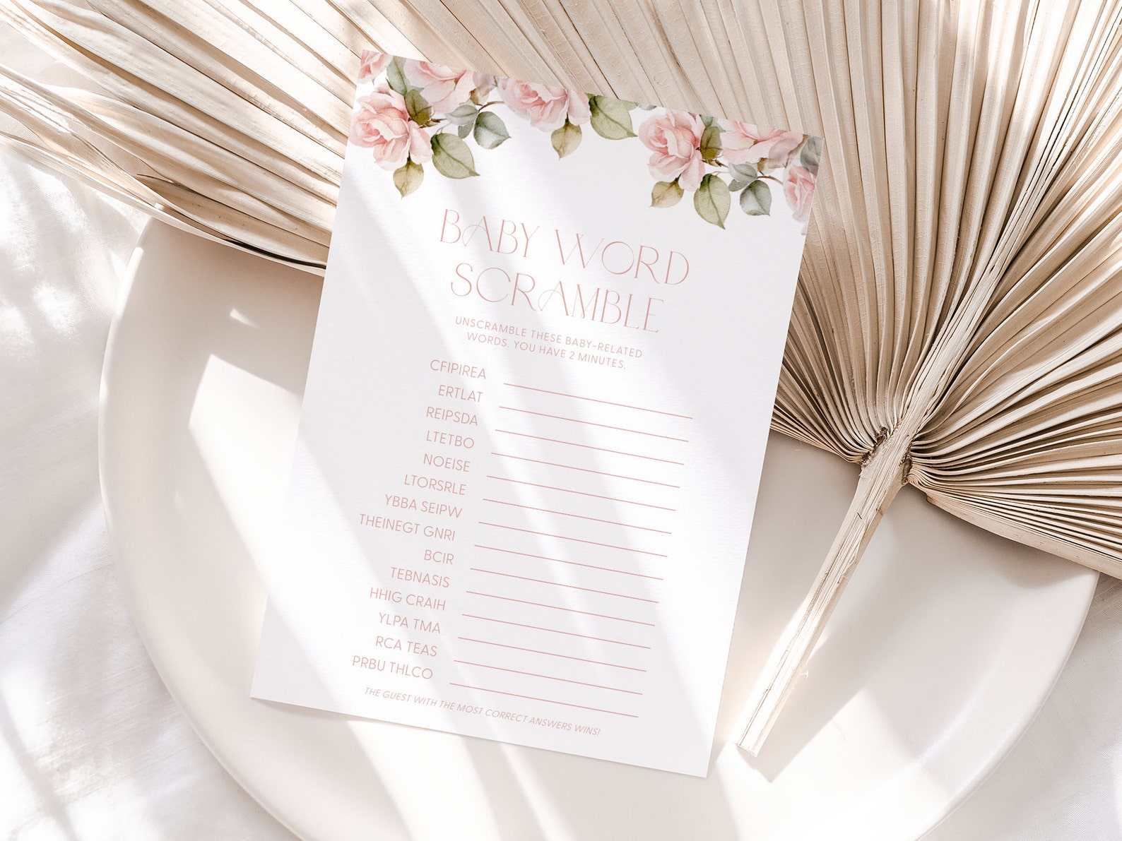Dusty Pink Rose Baby Word Scramble Baby Shower Game Pink Roses Baby ...