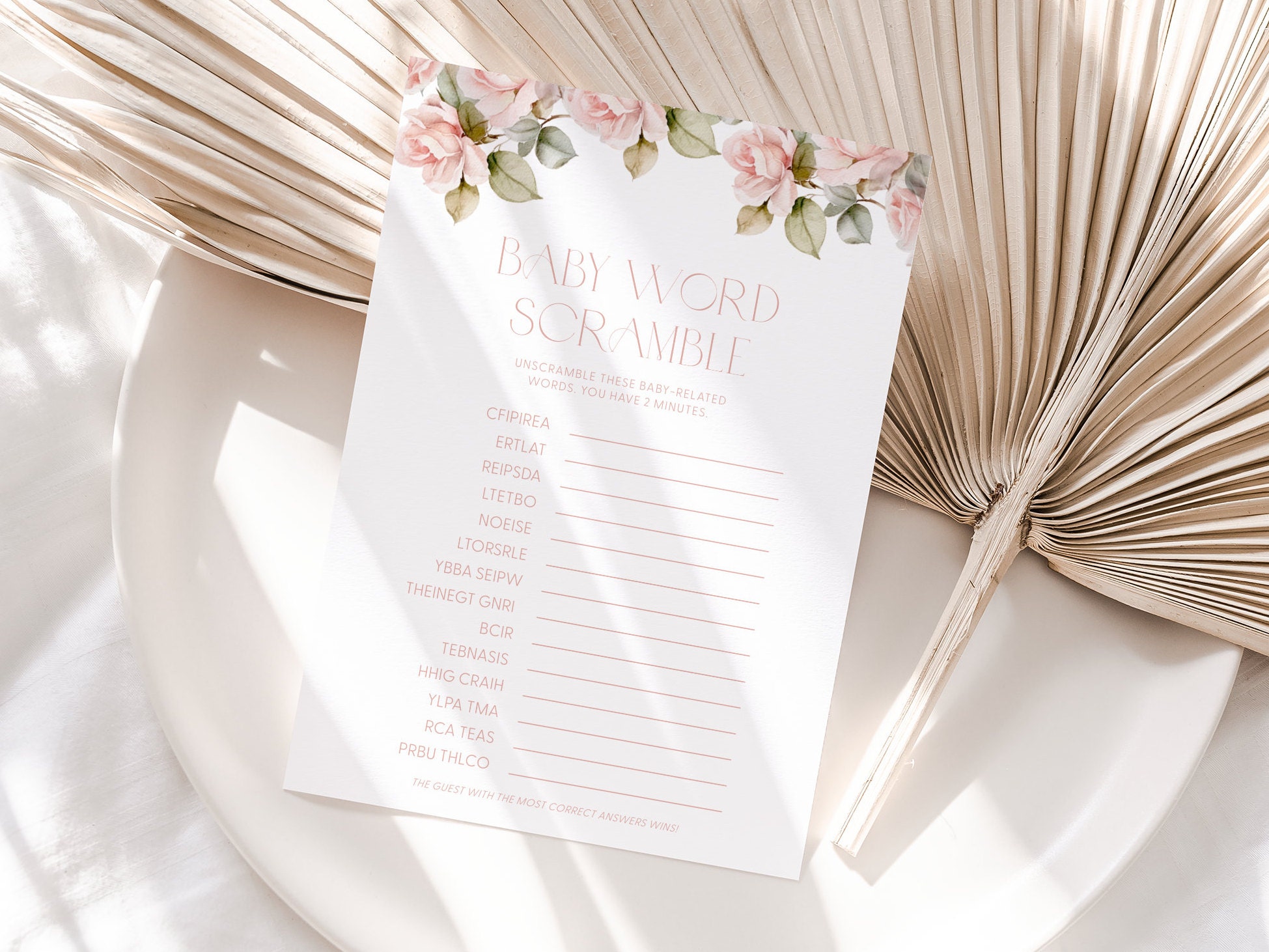 Dusty Pink Rose Baby Word Scramble Baby Shower Game Pink Roses Baby ...