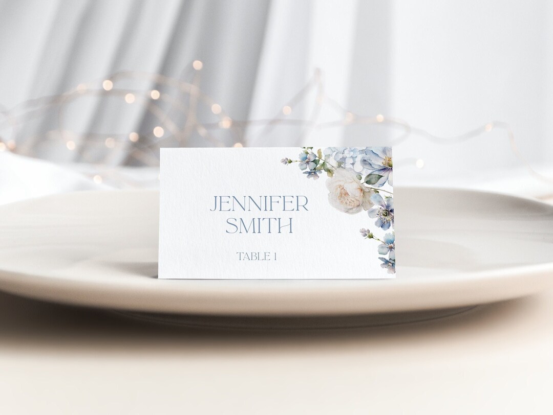 Dusty Blue Floral Place Card Template Light Blue Floral Tented Place ...